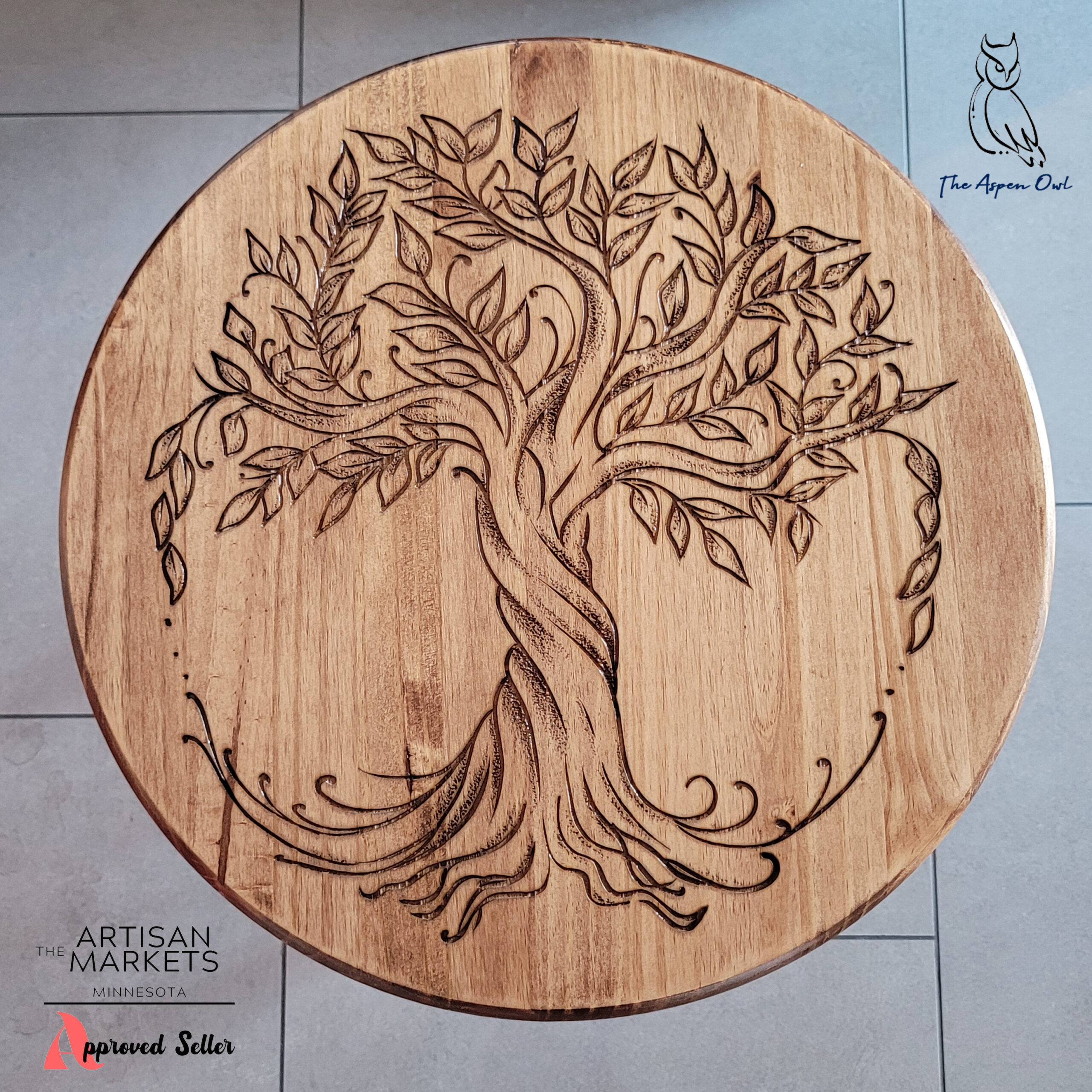Side Table – Engraved Tree of Life – The Artisan Markets Furniture